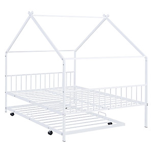 Metal House Bed for Kids, Full Size Bed Frame with Trundle Bed Twin, Kids Bed Frame with Headboard and Footboard, Full Size House Bed for Kids, Girls, Boys(Full White)