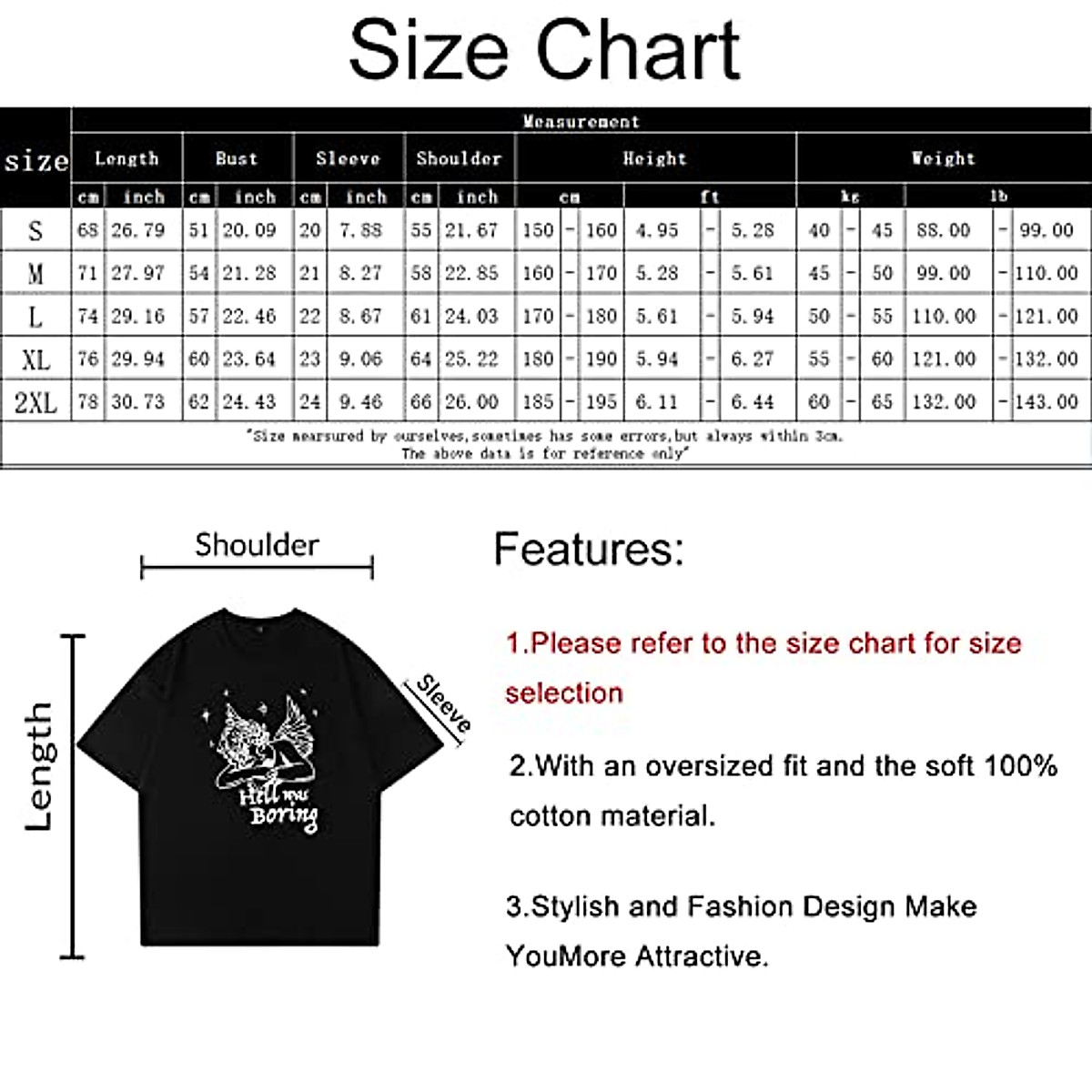 Tuislay Oversized Graphic T Shirts for Women Preppy Boyfriend Tees Cute Angel Print Loose Fit Baggy Aesthetic Tshirt Tops(Black,M,Medium)