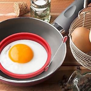 Chef Buddy 82-KIT1026 Silicone Egg Ring-Nonstick Multi Use Mold for English Muffin Breakfast Sandwich, Pancake Shaper, Cooking Burgers and More-(Set of 4), Red