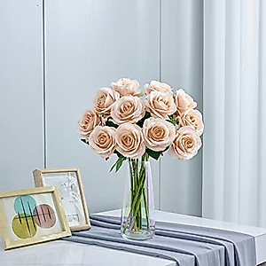 Helera 12pcs Roses Artificial Flowers Fake Rose Blush Pink Silk Roses Pink Silk Flowers Rose with Long Stems for Wedding Home Party Centerpieces Decorations