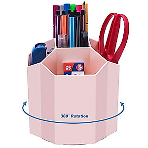 Siveit Pen Holder, 360° Rotating 5 Grid Pen Holder Stand Office Supplies Storage Organize for Desk Cute Pencil Cup Pot for Home, Office, Kids (Peach Pink)