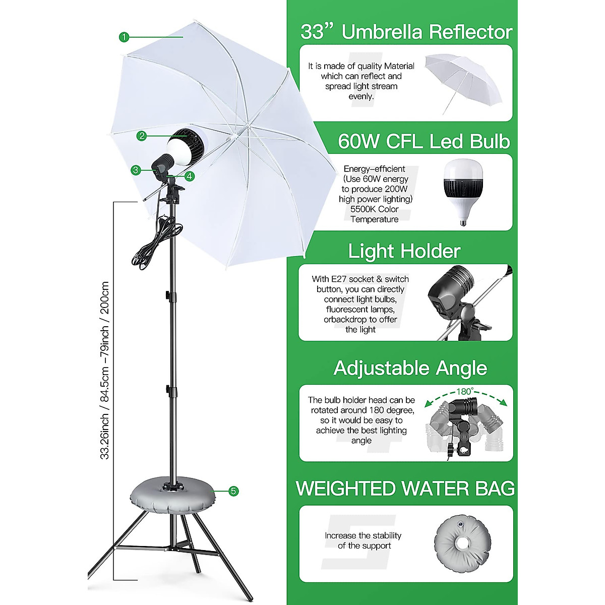 Photography Softbox Lighting Kit, 6.5 x 10ft Backdrop Stand System and E27 60W 5500K CFL Bulbs Softbox and Umbrellas Continuous Photo Lighting with Green/White/Black Backgrounds