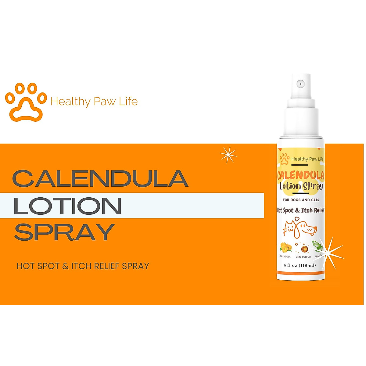 Healthy Paw Life Calendula Spray for Dogs, Cats, Horses – Hot Spot and Itch Relief Spray for Irritated and Dry Skin, Dermatitis and Allergies (4 fl oz)