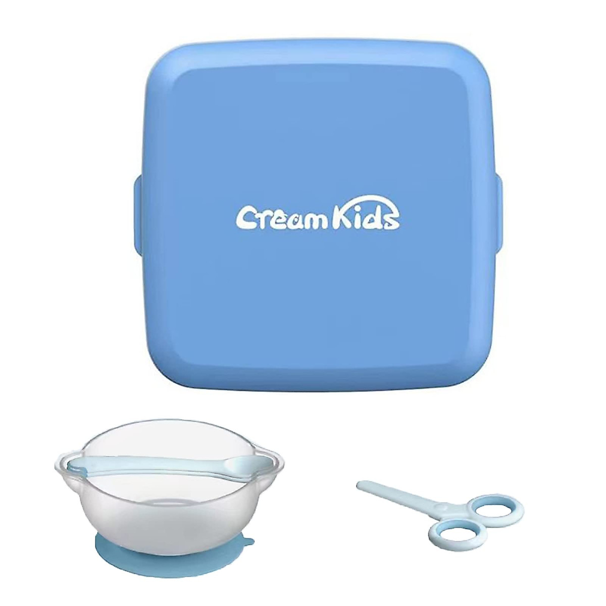 Cream Kids Baby Silicone Suction Plate,Bowl,Spoon,Fork and Baby Food Scissors 5 Piece Set with - BPA Free -Great Kids Food Gift Pack(Macaron Light Blue)