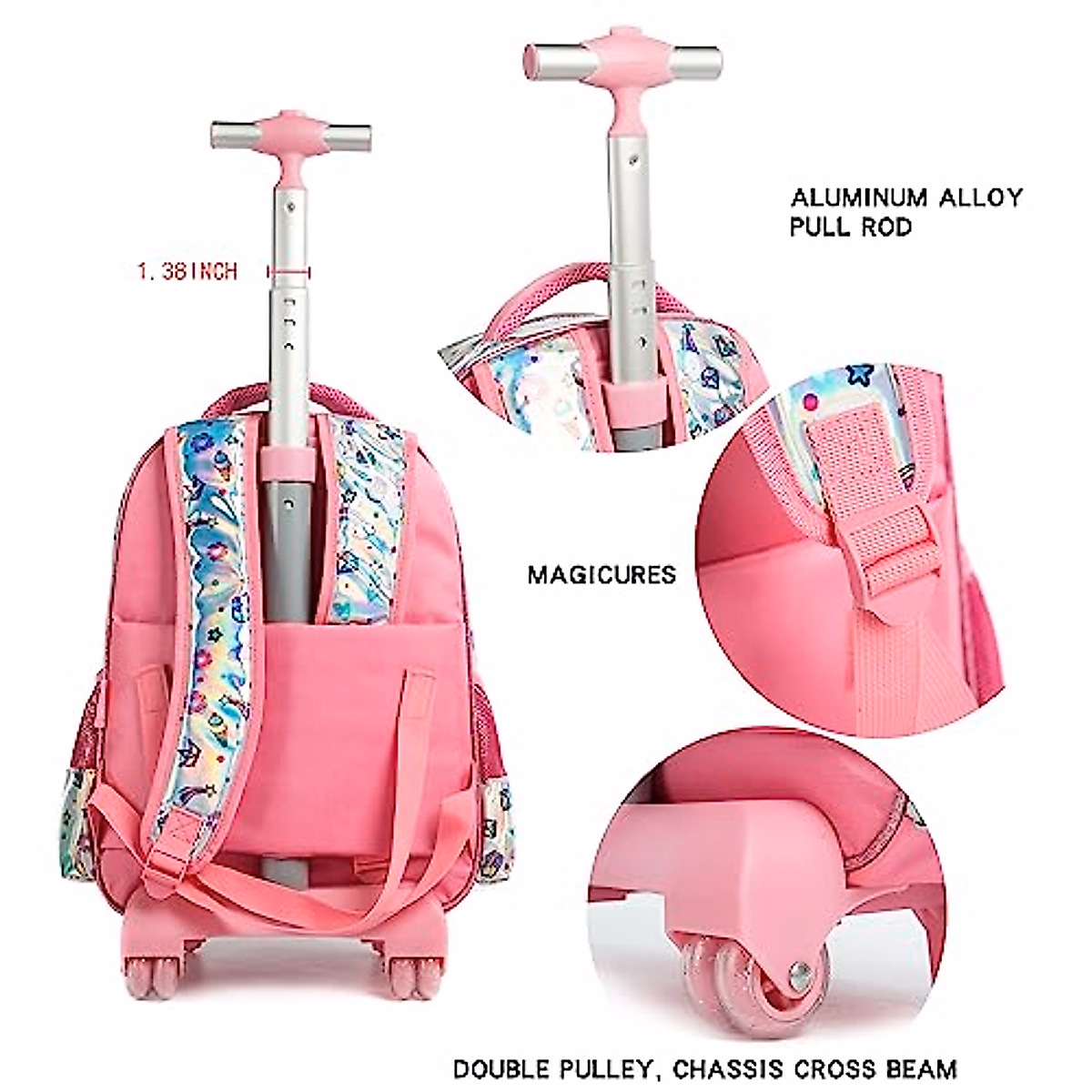 MOHCO Rolling Backpack 18 inch for Kids Wheeled Backpack for Girls with Lunch Bag Pencil Case