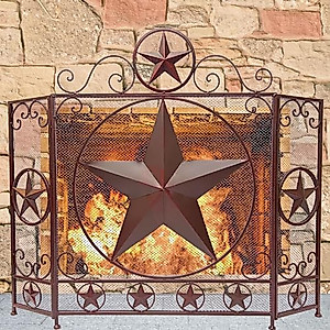 BestGiftEver 3-Panel Fireplace Screen Decorative with Rustic Brown Star Detail - Stand Alone Fireplace Cover Metal Mesh Screen - Home Decor for Cabin, Lodge, and Rustic Country Style Firescreen
