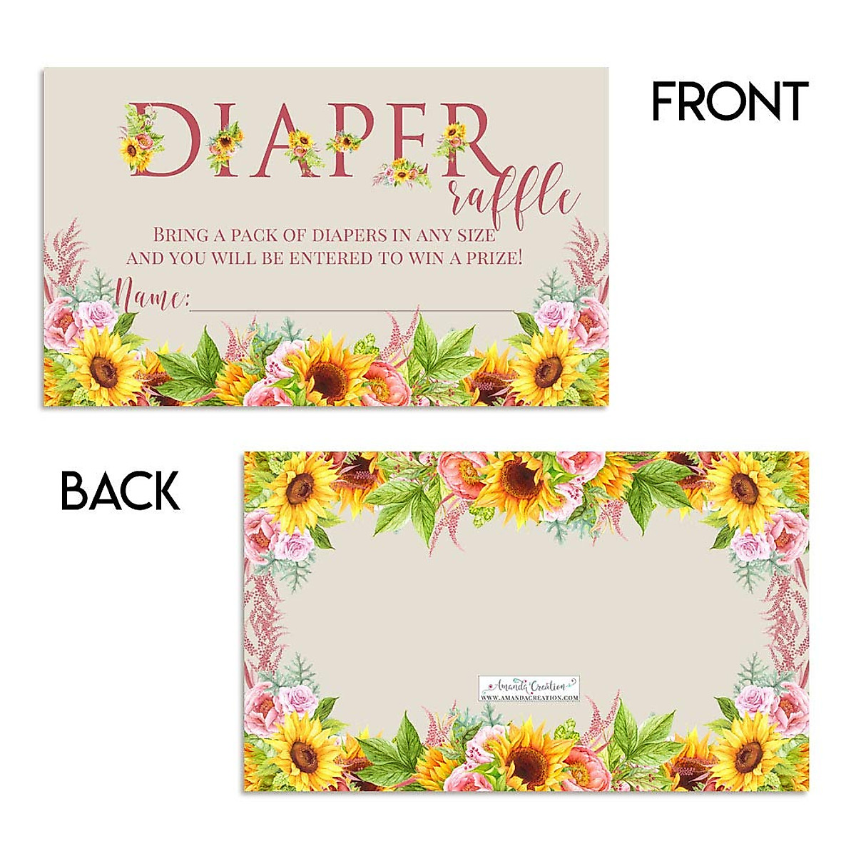 Amanda Creation Watercolor Sunflower & Peony Floral Spring Diaper Raffle Tickets for Baby Showers, 20 2" X 3” Double Sided Inserts, Bring a Pack of Diapers to Win Favors & Priz