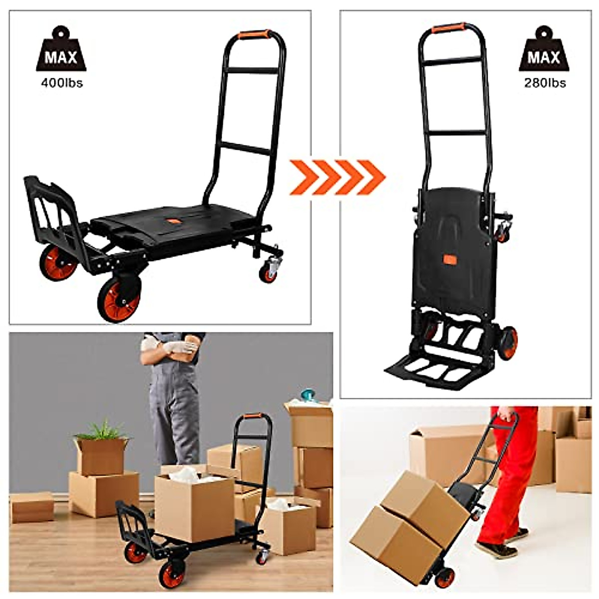Folding Hand Truck and Dolly Cart Heavy Duty 400 lbs Capacity,2 in 1 One-Button Folding Portable Flatbed,Moving Dolly with Bungee Cord for Transport,Luggage Handling
