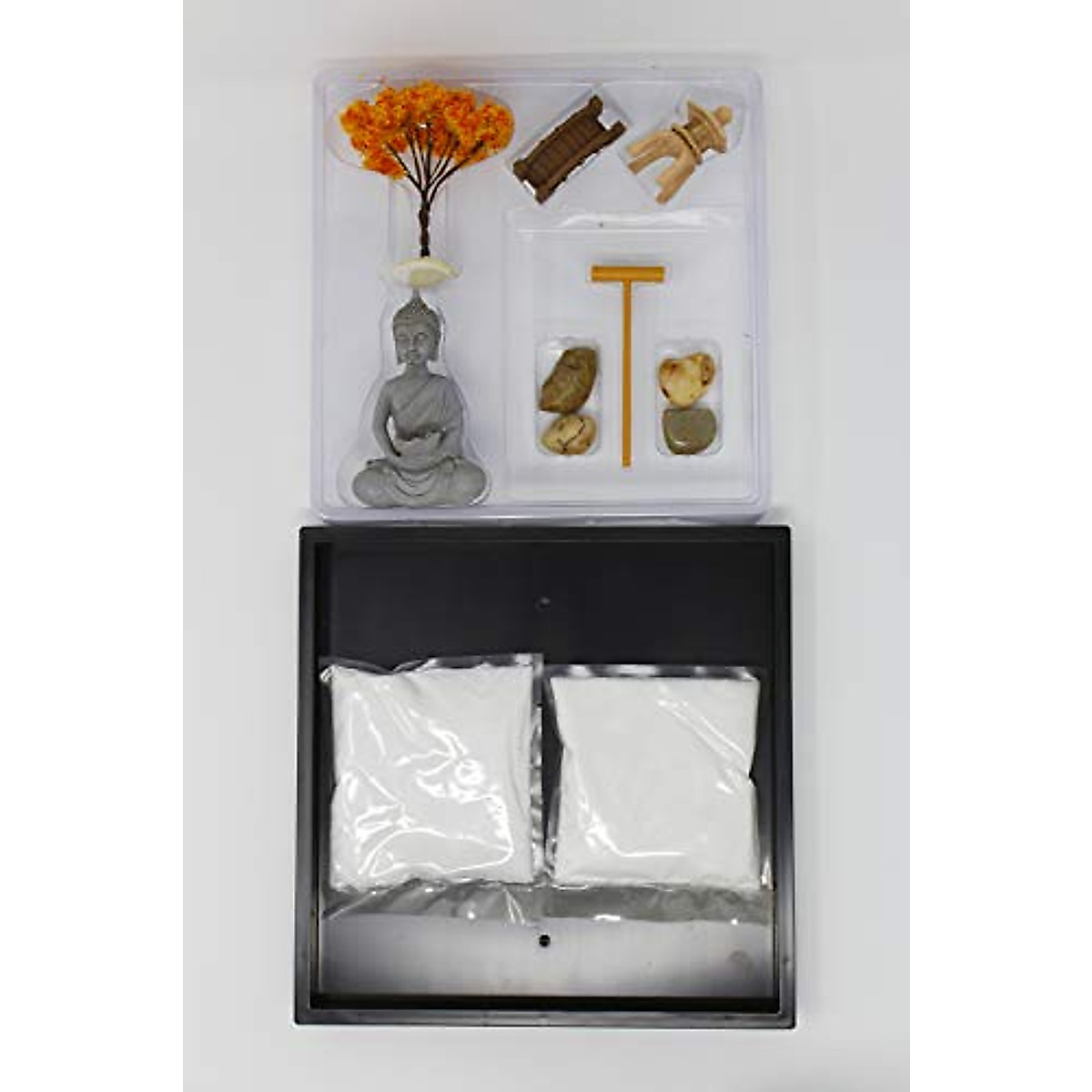 Nature's Mark Mini Zen Garden Kit for Desk with Rake, White Sand, Buddha, Bridge Black Square Base, River Rocks and Mini Blossom Tree (9Lx9W A)