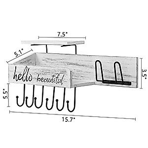 JAZUIHA Mail and Key Holder 2-Tier, Mail Organizer Wall Mount with 6 Hooks, Wooden Wall Organizer Hat Rack, Storage Hanging Shelf for Home Decor