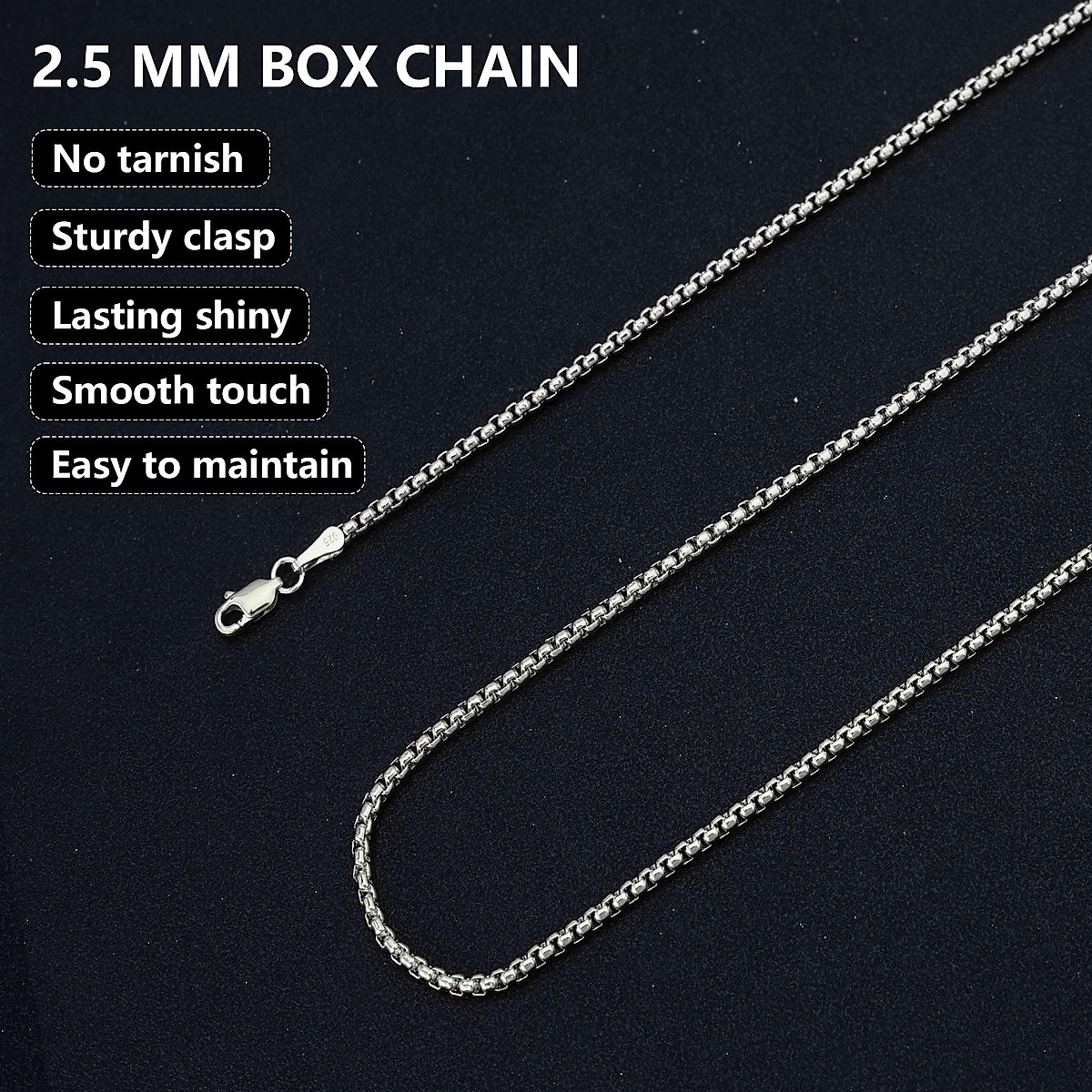 nometo 925 Sterling Silver Necklace, 2.5mm Box Chain, Unisex, 16-30 Inches, Lobster Claw Clasp, Italian Craftsmanship