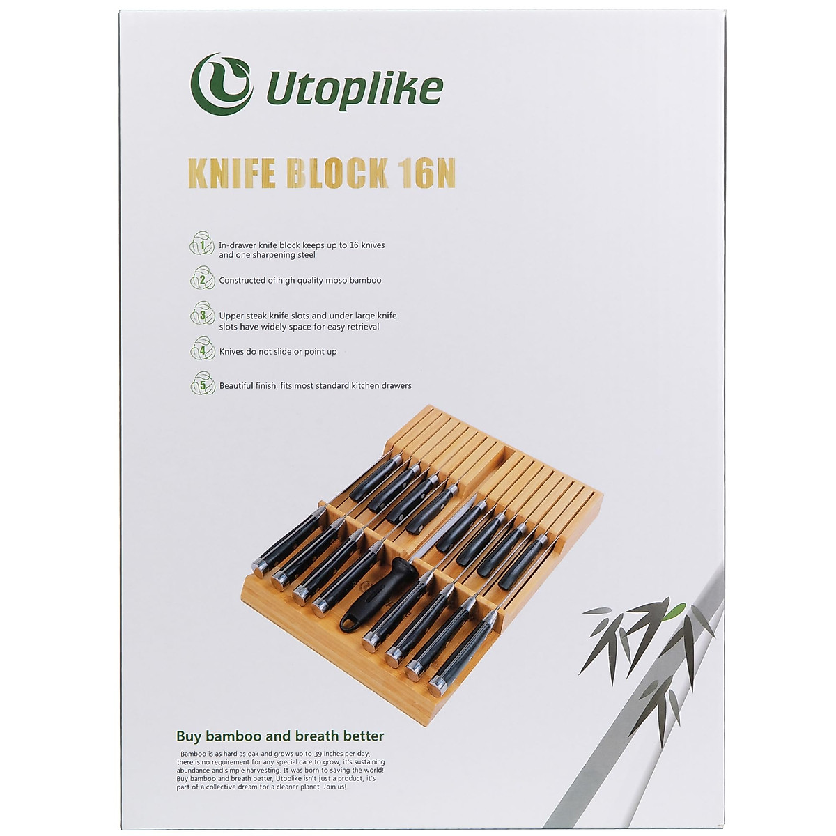 Utoplike In-drawer Knife Block Bamboo Kitchen Knife Drawer Organizer,Large handle Steak knife Holder without Knives, fit for 16 knives and 1 Sharpening Steel (16 Knife Organizer）