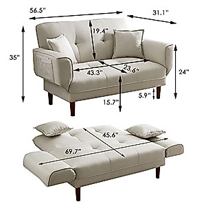 SoarFlash Convertible Futon Sofa Bed with 2 Pillows, Small Couch with Adjustable Armrest and Wood Legs, Upholstered Loveseats Furniture Low Back 2-Seat Sofa Couch with 5-Angle Backrest (Beige)