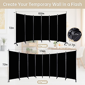 Room Divider 6 Panel Room Dividers/Wheels, Fabric Room Divider Panel for Office Room Partitions and Dividers, Portable Partition Wall Divider for Room Separation, Flexible Privacy Screen Indoor