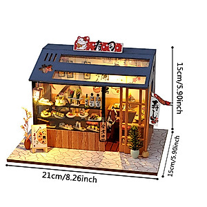 XLZSP DIY LED Lights Miniature Dollhouse Kit Street Shop Doll House Model Wooden Furniture for Valentine's Day Creative Gifts (Sushi)