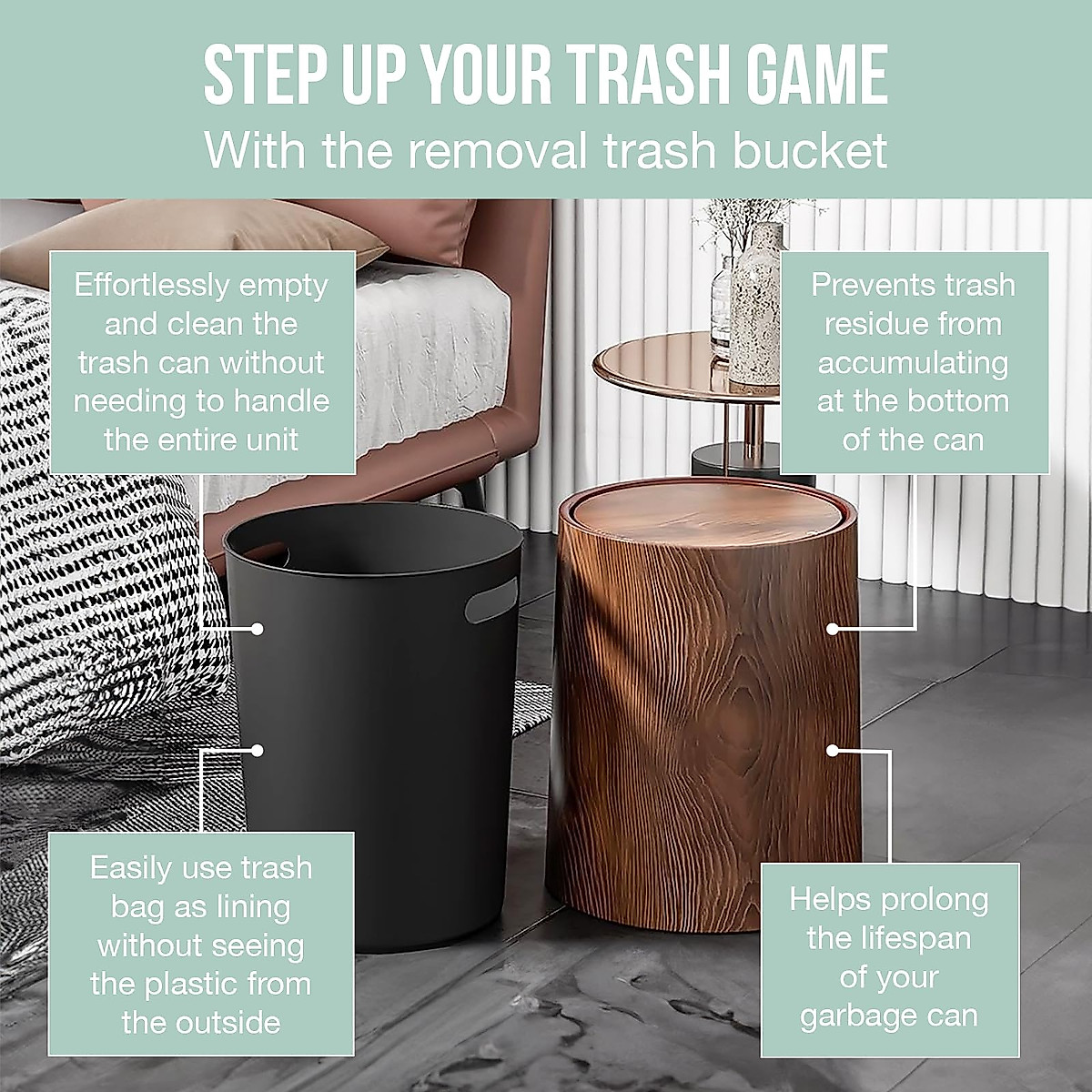 11L Trash Can with Lid - 2.9-Gallon Walnut Brown Wood Grain Bathroom Garbage Can with Swing Top Lid - Minimalist Diaper Trash Can w Removable Interior Waste Bucket - Dustbin for Office, Bedroom