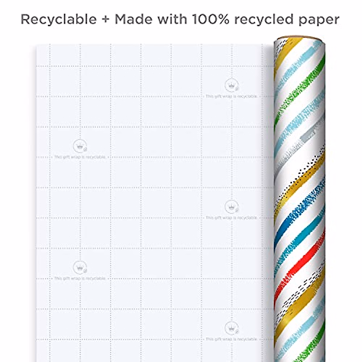 Hallmark Recycled Wrapping Paper with Cutlines on Reverse (3 Rolls: 60 Sq. Ft. Ttl) Red, Blue, Green, Gold Stripes, Candles, Happy Birthday" for Kids and Adults