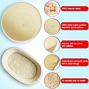 TNTECO Banneton Bread Proofing Basket Set of 2, 9 Inch Round & 10 Inch Oval Rattan Sourdough Proofing Basket with 5 Bread Lame, Scoring Lame, Scraper, Dough Whisk, Cloth Liner