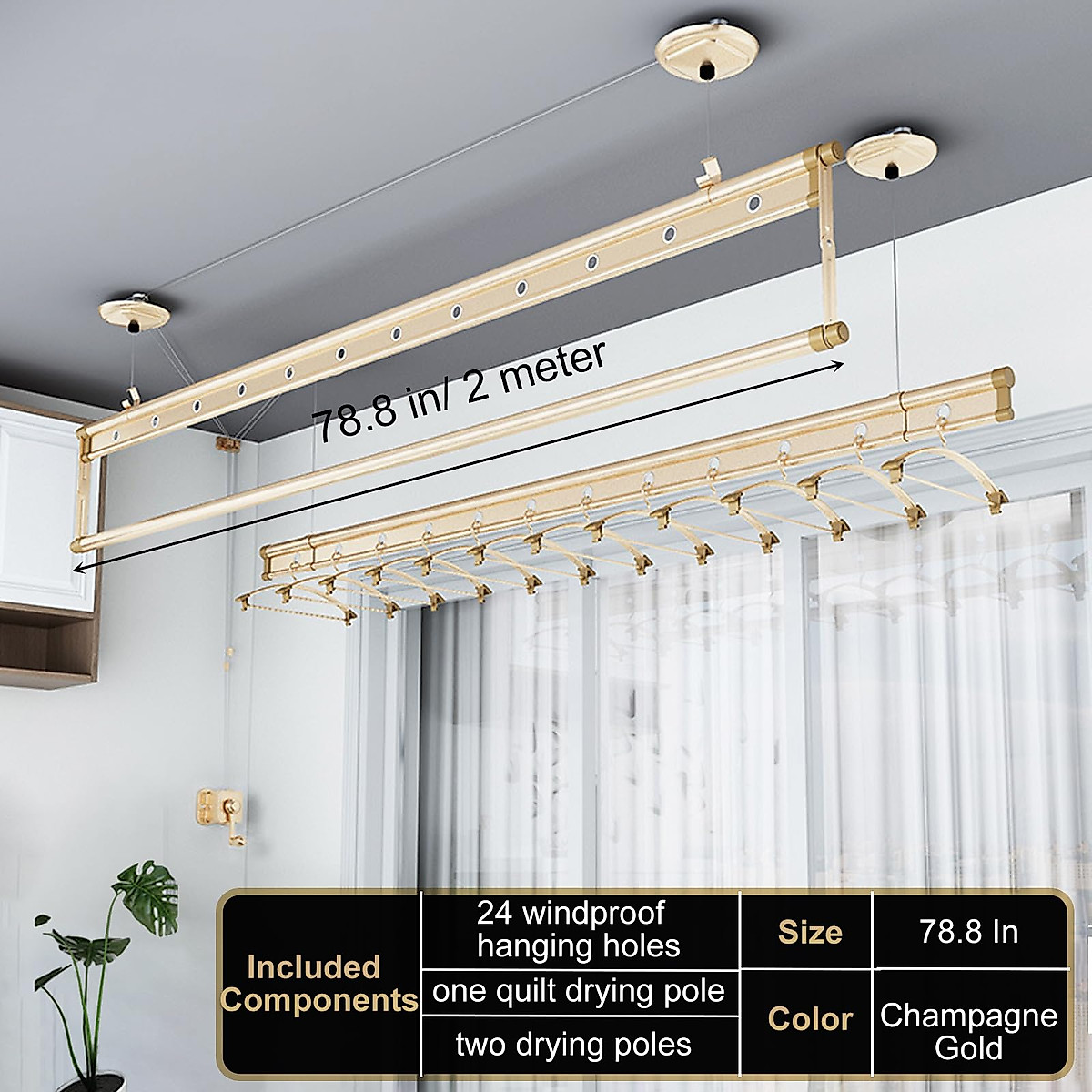 ZGGJZKV Ceiling Mounted Type Drying Clothes Rack for Home, Balcony Hand Cranked Lifting Airer, 78.8 Inches Long Three Poles Aluminium Alloy Clothing Dryer, Champagne Gold