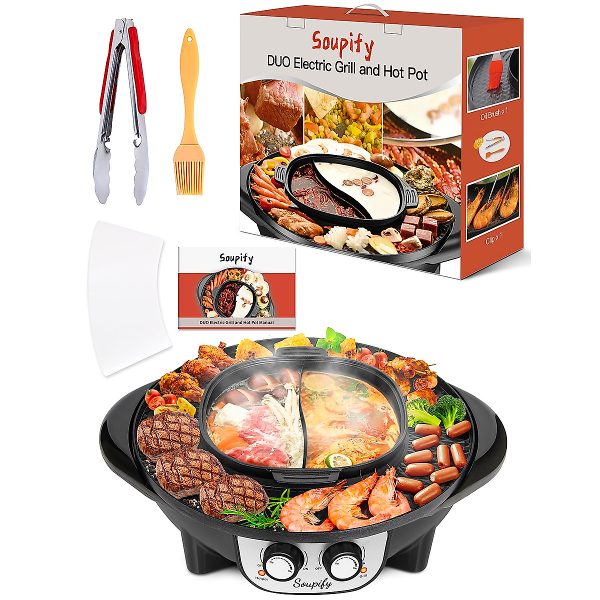 Soupify 2 in 1 Hot Pot with Grill, Electric Korean BBQ Grill, Independent Dual Temperature Control & Non-stick Pan, Multi-function Smokeless Barbecue Grill for Family and Friends Gathering