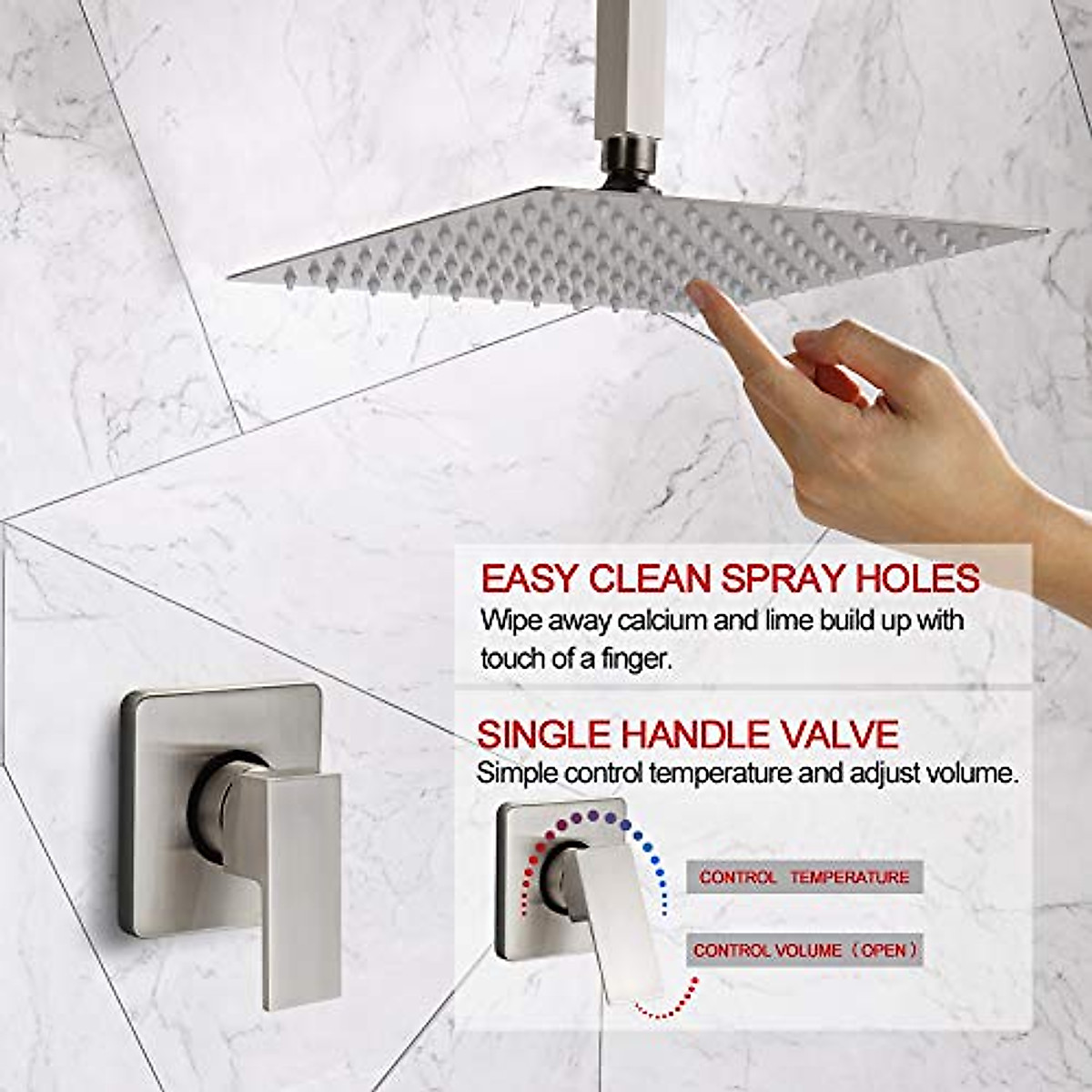 POP SANITARYWARE Ceiling Mount Shower Faucet Set Brushed Nickel Bathroom 10 Inch Rainfall Mixer Shower Head System Single Handle Shower Trim Kit with Rough-in Valve