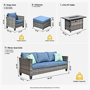 HOOOWOOO Patio Furniture Set,8 Piece Outdoor Furniture with Fire Pit Table,Wicker Patio Conversation Couch Chairs Ottoman Set,Denim Blue
