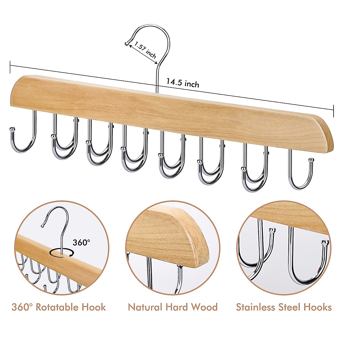 NECAMOCU Belt Hanger, Natural Wooden Belt Organizer for Closet, 360° Rotating Tie & Belt Rack for Storage with 14 Hooks, Sturdy Belt Holder Space Saver for Belt, Tie, Bra, Scarf, Tank Top Accessories