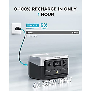 EF ECOFLOW Portable Power Station RIVER 2, 256Wh LiFePO4 Battery/ 1 Hour Fast Charging, 2 Up to 600W AC Outlets, Solar Generator (Solar Panel Optional) for Outdoor Camping/RVs/Home Use