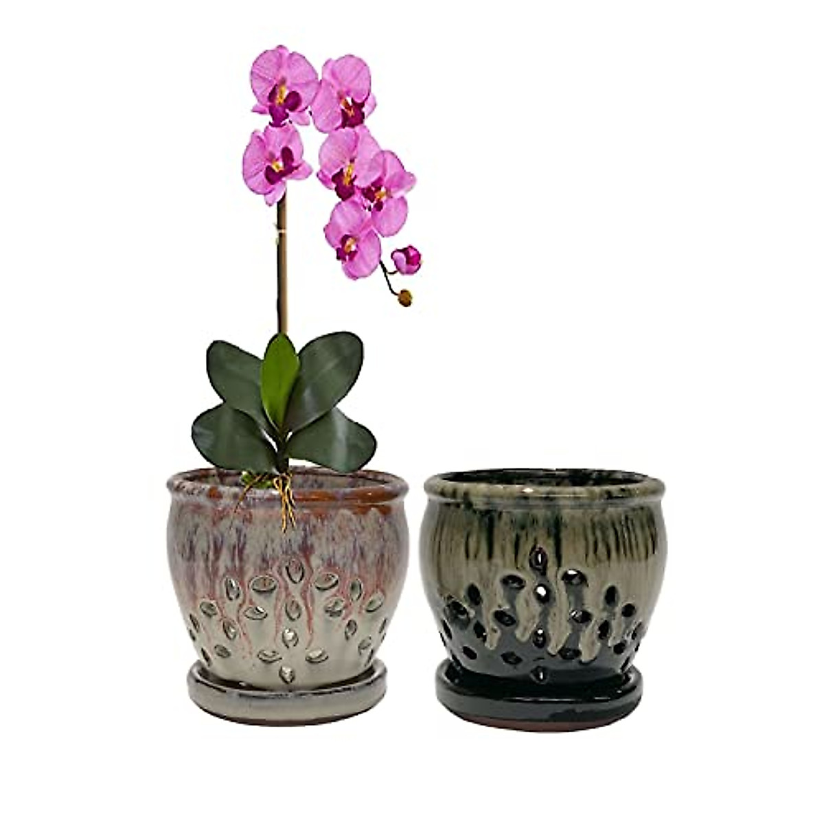 Orchid Pots with Holes 4.33 inch Ceramic Orchid Planter White and Black (Set of 2)