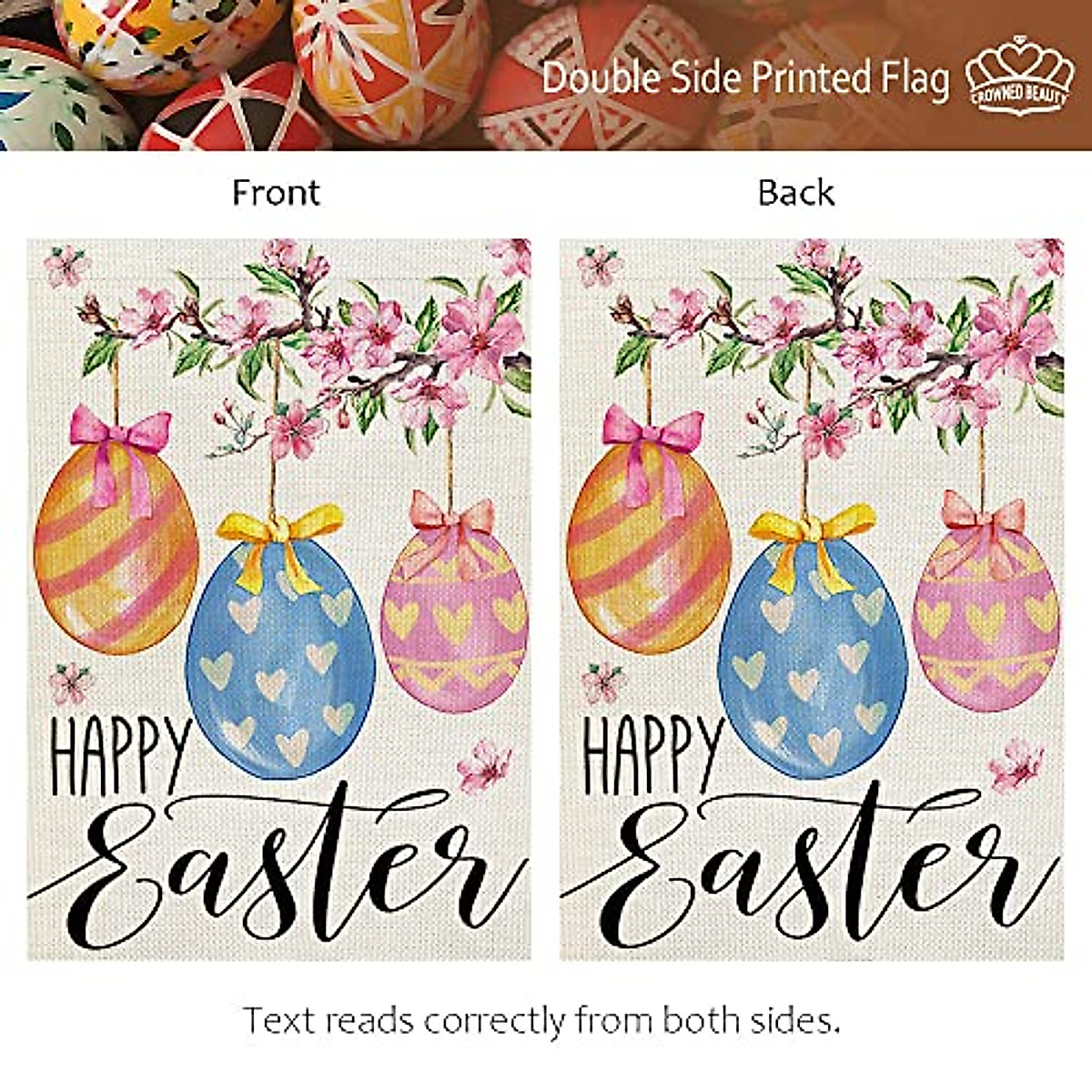 CROWNED BEAUTY Happy Easter Eggs Garden Flag Floral 12x18 Inch Double Sided for Outside Burlap Small Yard Holiday Decoration CF710-12