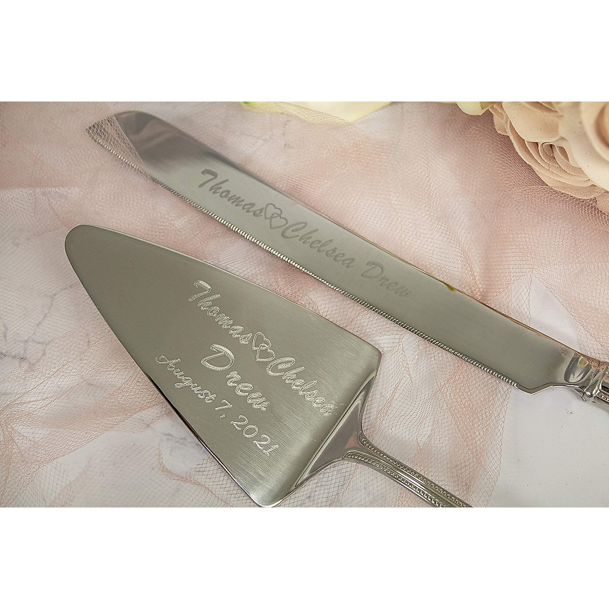Reed and Barton Personalized Lyndon Silver Wedding Cake Knife and Server Set, Custom Engraved Wedding Cake Cutting Set, Accessories and Gifts for Bride and Groom