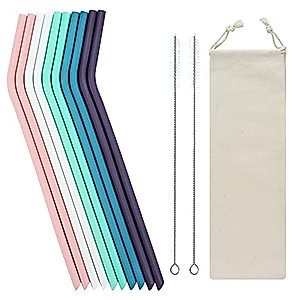 Elyum Set of 10 Reusable Silicone Straws, 10'' Extra Long Silicone Drinking Straws with 1 Carrying Bag and 2 Cleaning Brushes Multicolor BPA Free Bent Smoothie Straw for 30oz and 20oz Tumblers