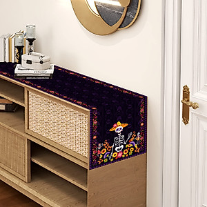 Linen Purple Day of The Dead Table Runner Dia De Los Muertos Tablecloth Mexican Halloween Sugar Skull Home Kitchen Dining Table Decorations 13x72 Inch