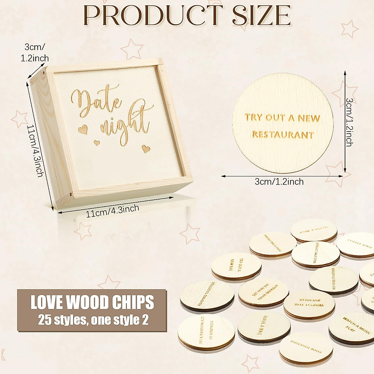 Amyhill 25 Pieces Wooden Date Box with 25 Tokens Date Fun Gift Date Indoor and Outdoor Games Couples Games Gift for Couples Activities, Wedding Anniversary, Valentine's Day (Round)