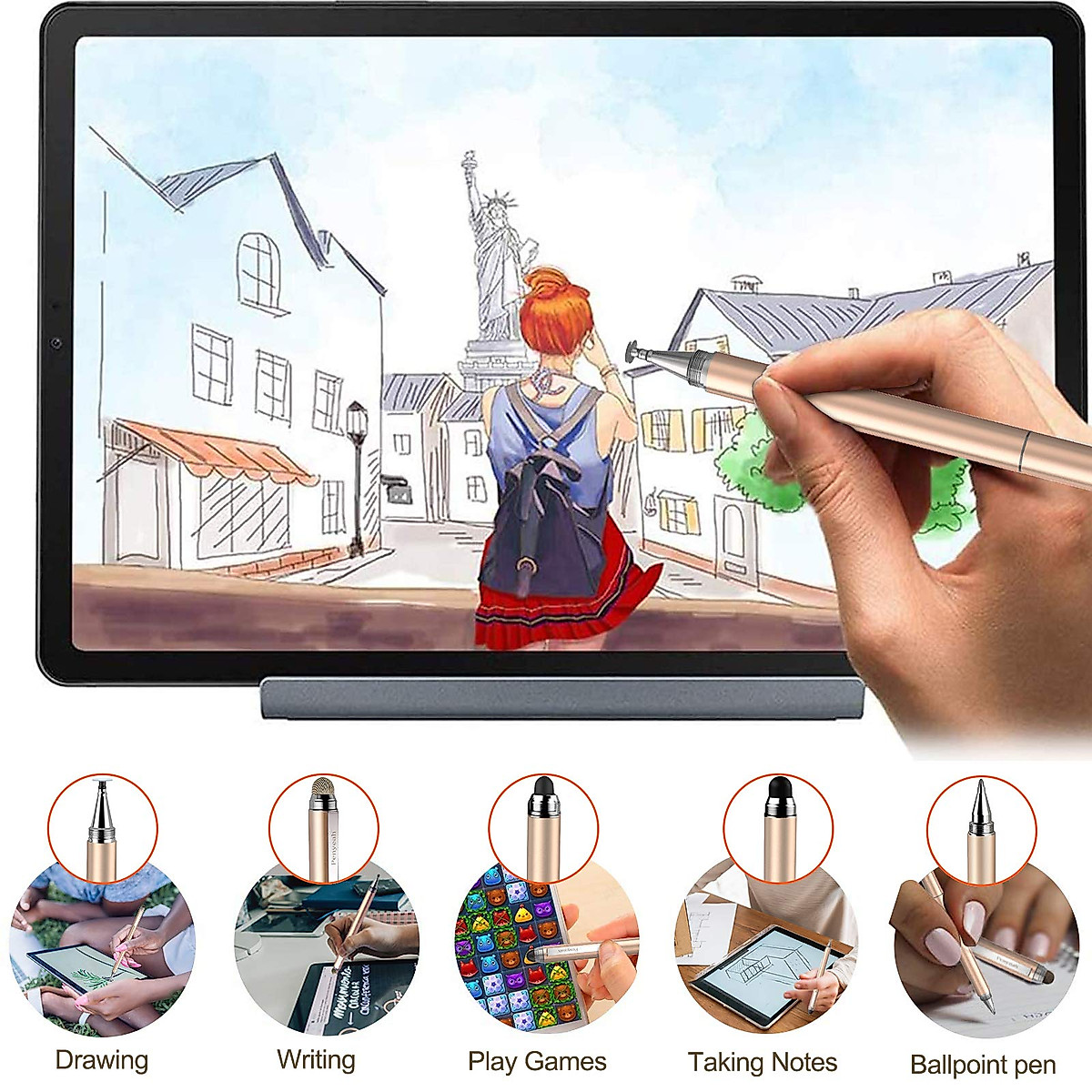 Penyeah Stylus pens for Touch Screens - [4-in-1] High Sensitivity and Precision Touch Screen Stylus Disc Tip,Black Rubber Tip & Mesh Fiber Tip Universal for All Capacitive Touch Screen Device (Gold)