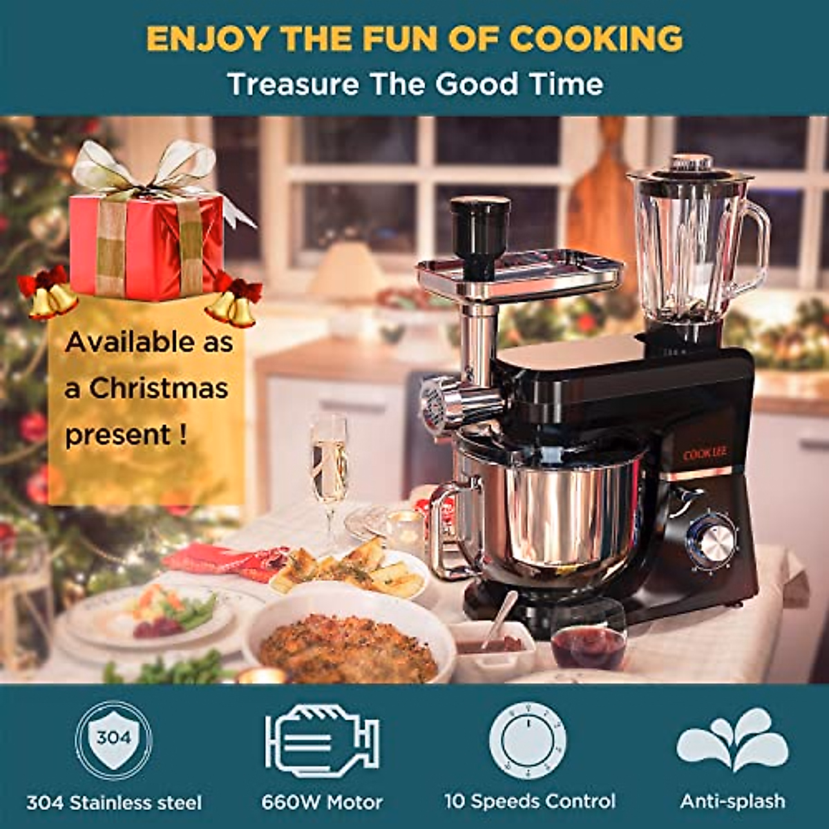 COOKLEE 6-IN-1 Stand Mixer, 8.5 Qt. Multifunctional Electric Kitchen Mixer with 9 Accessories for Most Home Cooks, SM-1507BM, Nero Nemesis Black