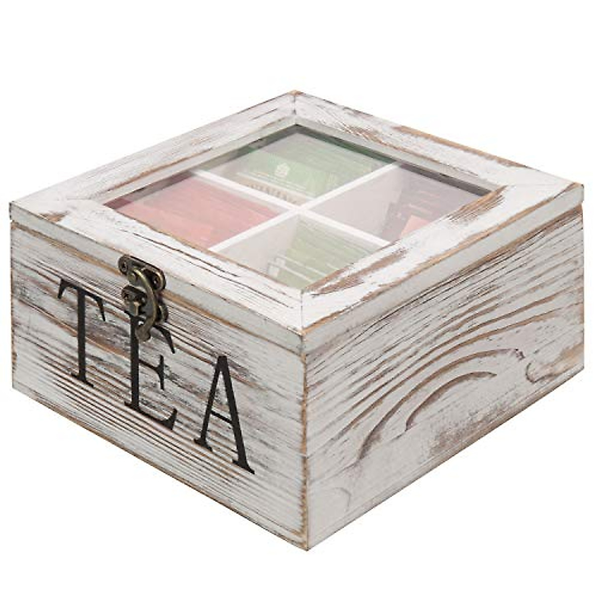 MyGift Shabby Whitewashed Solid Wood Tea Box Organizer with 4 Compartments, Teabag Storage Chest with Clear Acrylic Lid and Latch