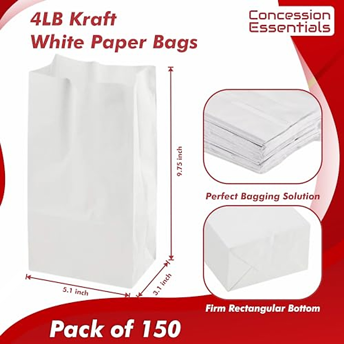 Concession Essentials 4lb White Paper Bags - Pack of 150ct. White Paper Lunch Bags. Great for Holiday Cookie Bags and Arts and Crafts., (CEwhite4lbPaperBag-150CT)