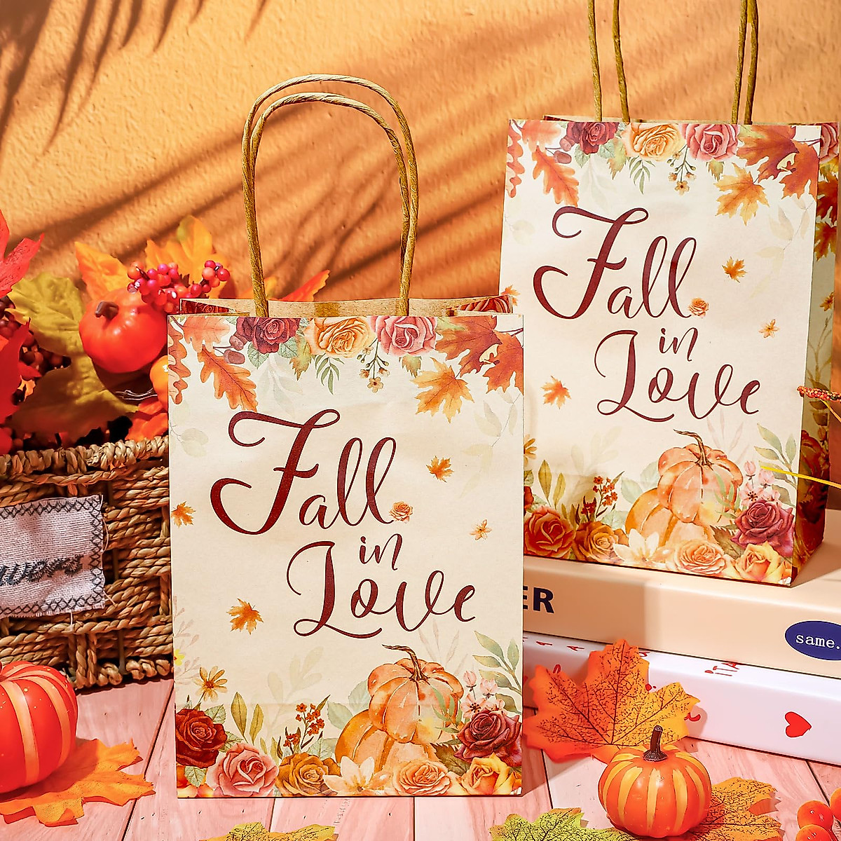 JarThenaAMCS 24Pcs Fall in Love Gift Bags with Handles Autumn Wedding Treat Bags Retro Pumpkin Maple Leaf Kraft Candy Bags for Thanksgiving Bridal Shower Party Favors