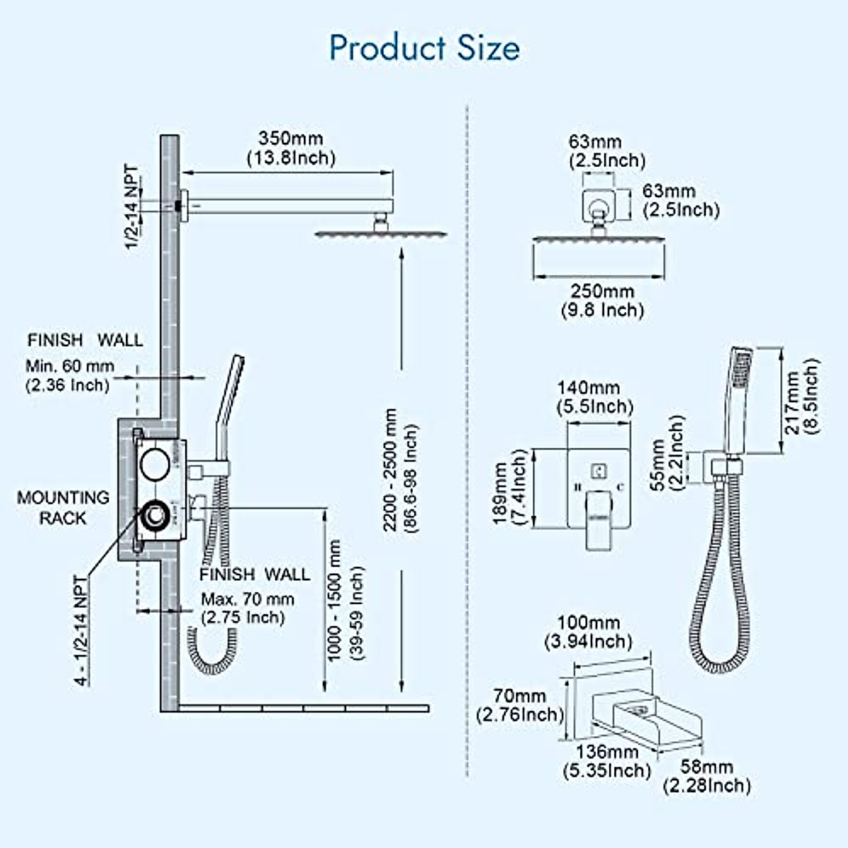 Cinwiny Matte Black Bathroom Shower System 10 Inch Rainfall Shower Head with Handheld Spray Wall Mount Waterfall Tub Spout Shower Faucet Set Rough-in Valve 3 Function Mixer Shower Faucet