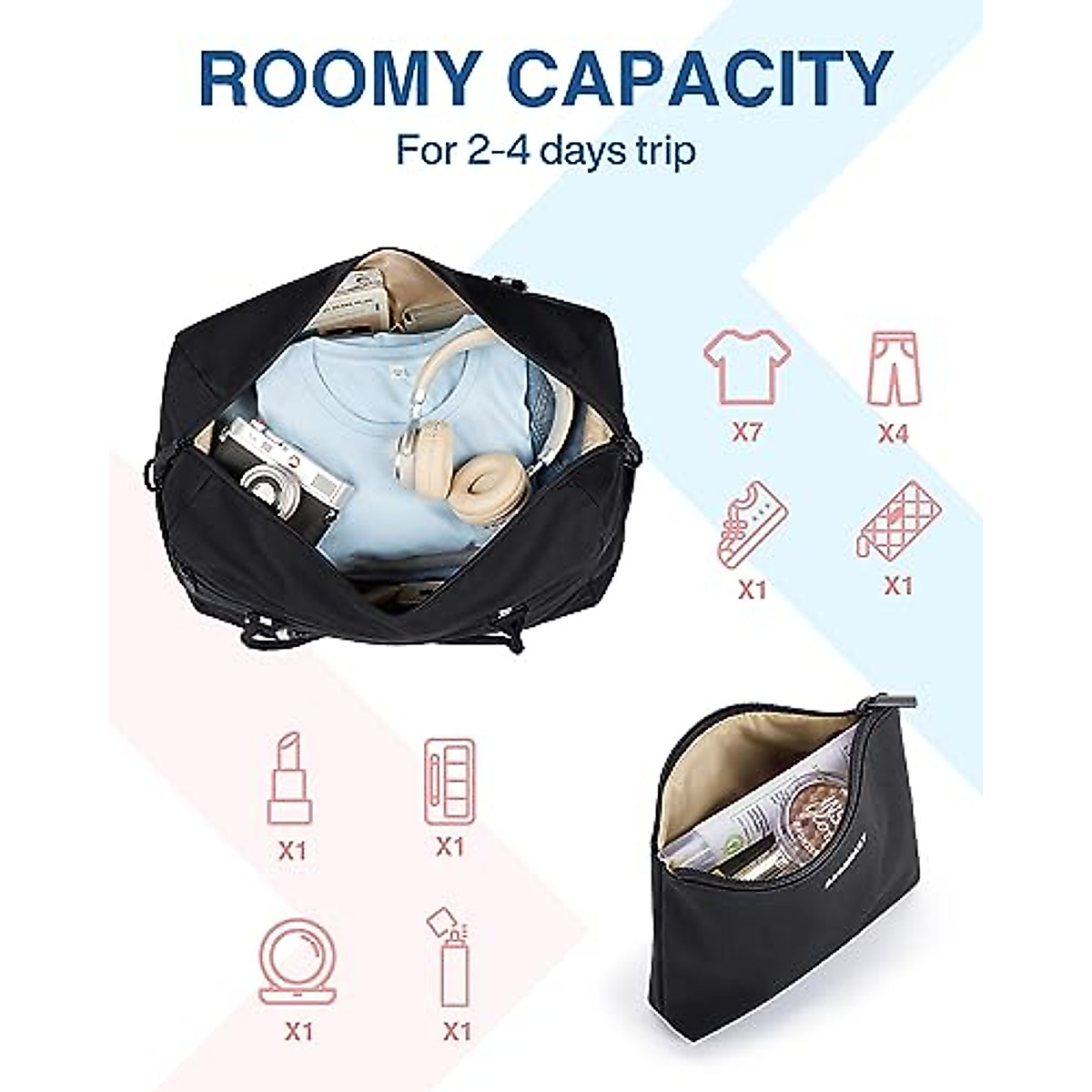 BAGSMART Travel Duffle Bag for Women, Multi Pockets Carry On Weekender Overnight Bag, Foldable Travel Tote Bag for Personal Items, Black