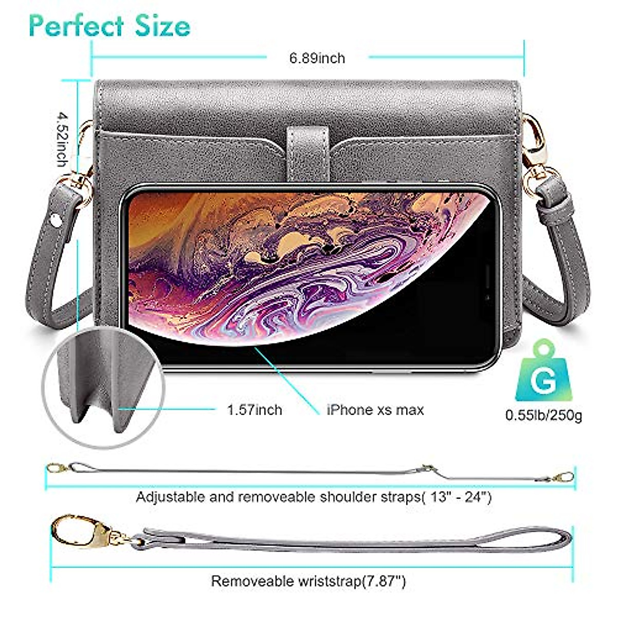 nuoku Women Small Crossbody Bag Cellphone Purse Wallet with RFID Card Slots 2 Straps Wristlet, Grey Bag