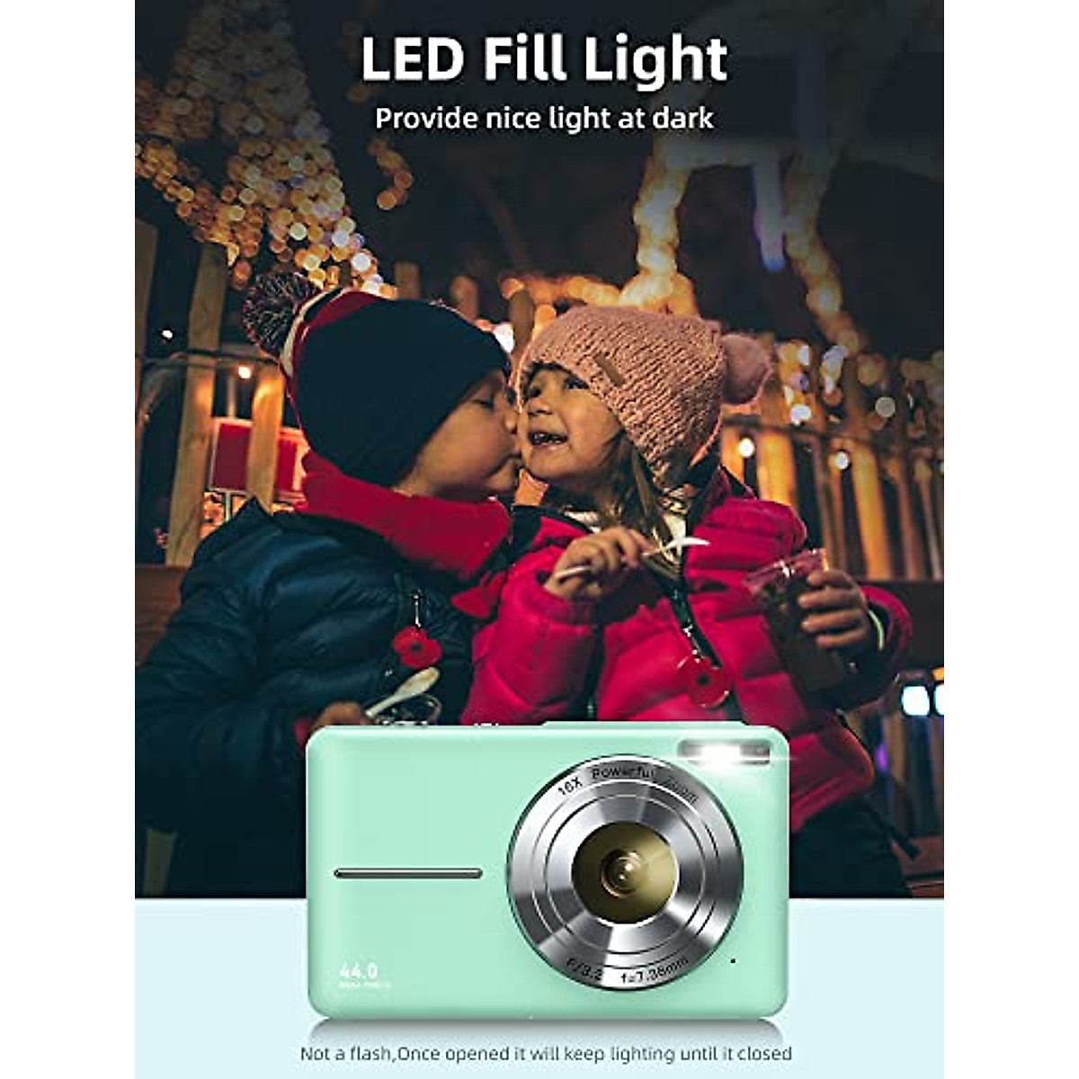 Digital Camera, FHD 1080P Kids Camera 44MP Point and Shoot Digital Cameras with 32GB SD Card, 16X Zoom, Two Batteries, Lanyard, Compact Small Camera for Kids Boys Girls Teens Students Seniors- Green