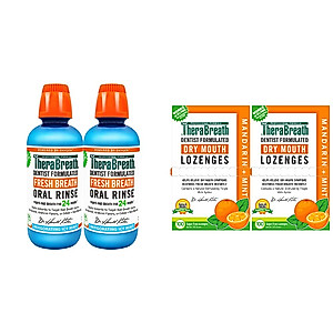 TheraBreath Fresh Breath Oral Rinse, ICY Mint, 16 Ounce Bottle (Pack of 2) and Dry Mouth Lozenges with Zinc, Mandarin Mint, 100 Lozenges (Pack of 2)