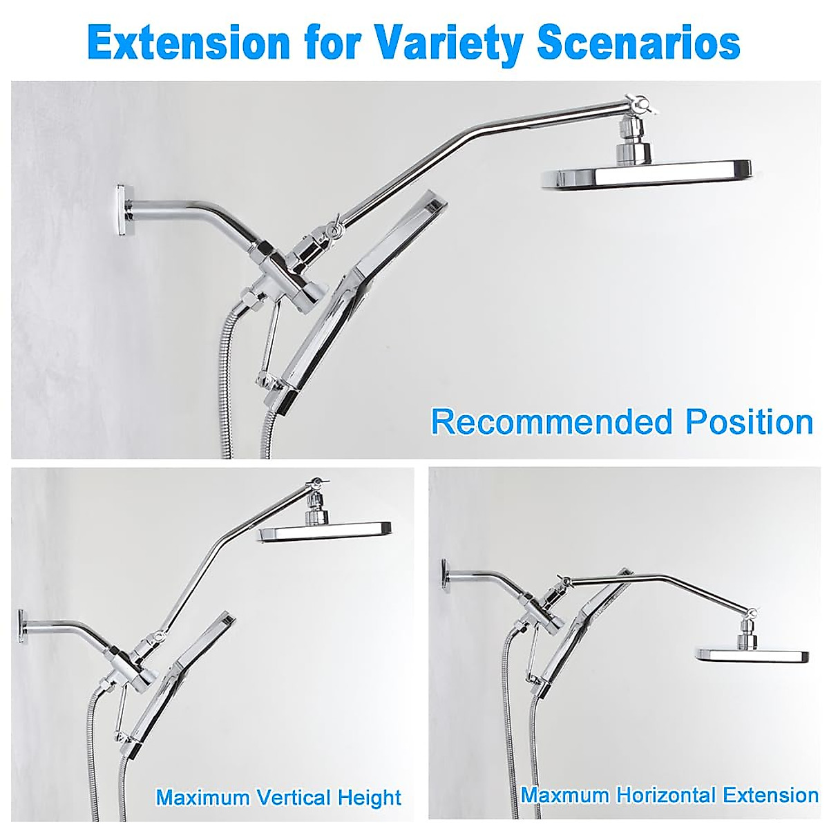 CyberWater 12 Inch Shower Head with Handheld Spray Chrome Built-in Power Wash Mode 3-way Diverter with Pause Setting, Adjustable Extension Shower Arm, 71 Inches Stainless Steel Hose