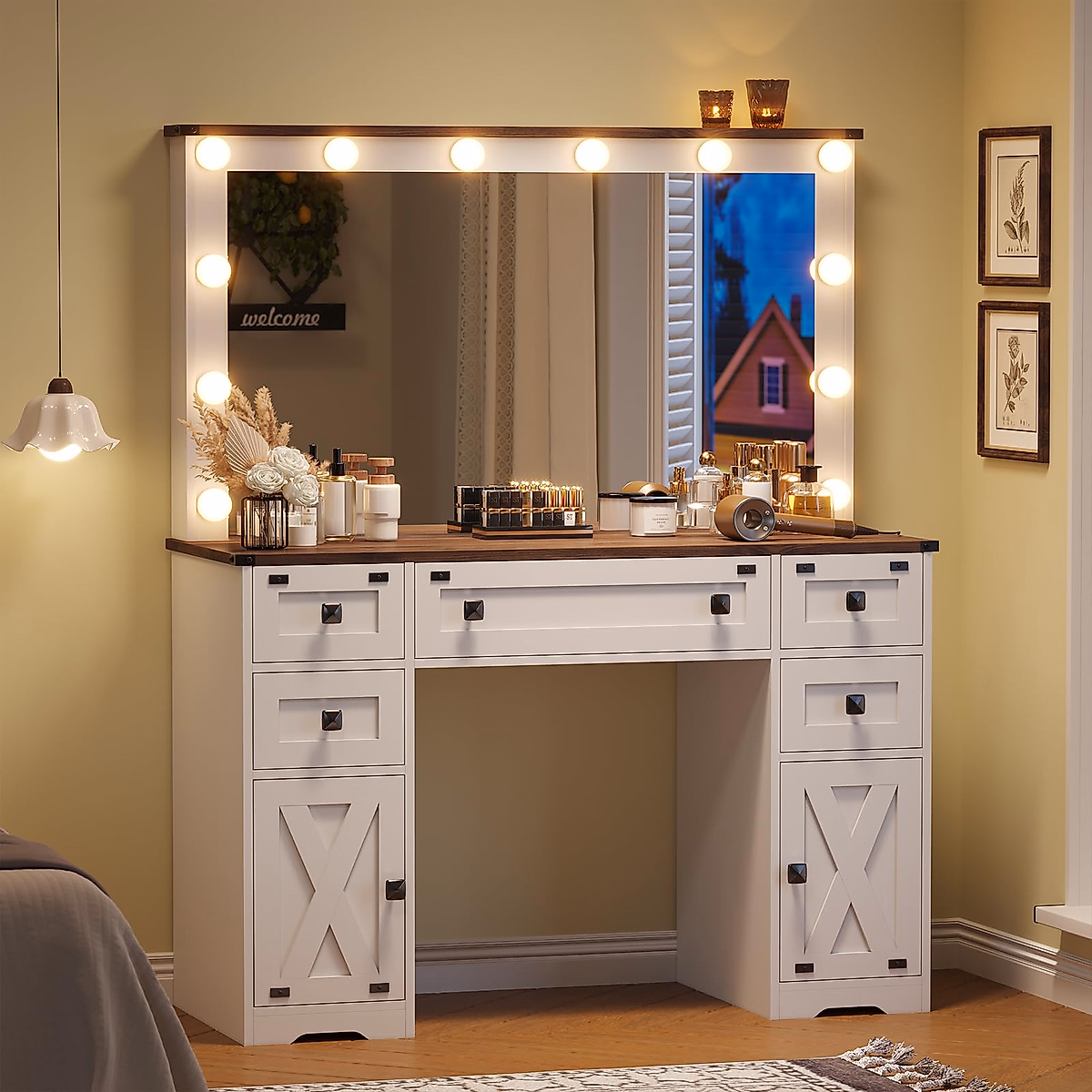 Hasuit Farmhouse Vanity Desk with LED Lights Mirror & Power Outlet 43'' Makeup Vanity Table with 5 Drawers & 2 Cabinets, Dressing Table for Bedroom,3 Color Lighting Modes Adjustable Brightness,White