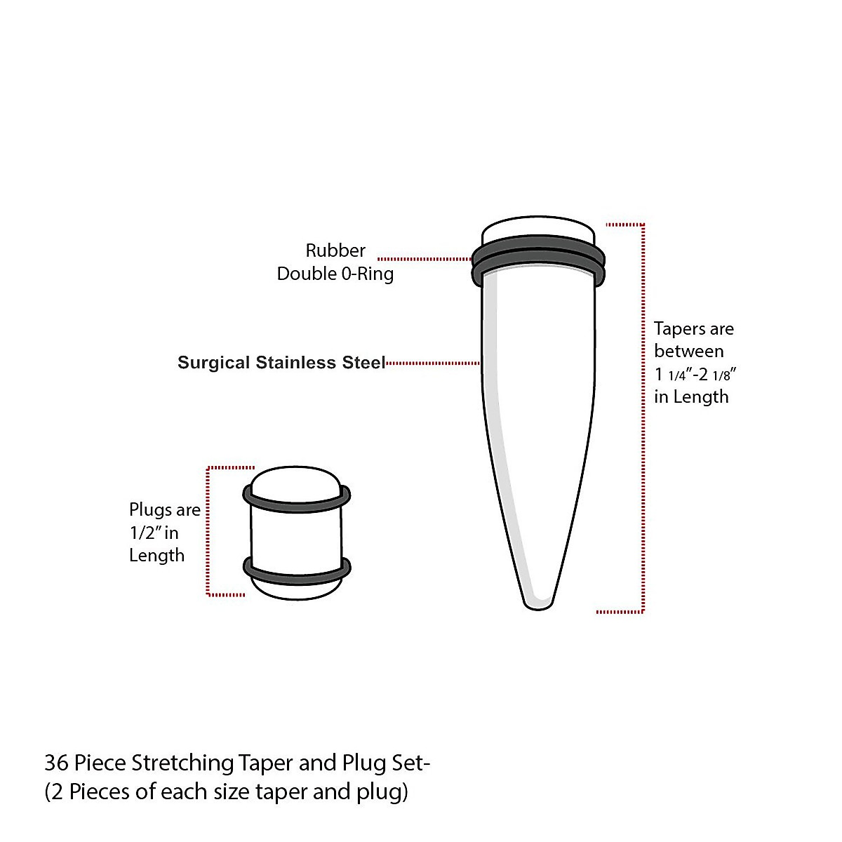 CABBE KALLO 36pcs Ear Stretching Kit Tapers Gauges Set Stainless Steel 14G-00G Plugs and Tunnels Expanders for Women Men Body Piercing Jewelry, Silvertone