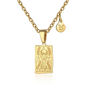 Zodiac Sign Necklace for Women Constellation Tarot Card Pendant Double Sided Gold Stainless Steel Waterproof NonTarnish Friendship Jewelry Gift（Taurus）