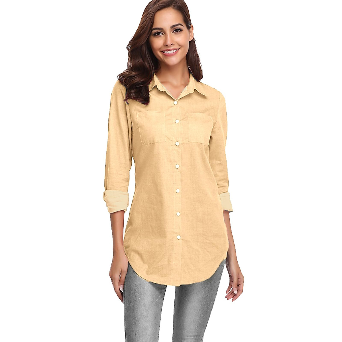 Fuinloth Women's Chambray Button Down Shirt, Long Sleeve Cotton Blouse, Long Jeans Tunic Top Light Orange Medium