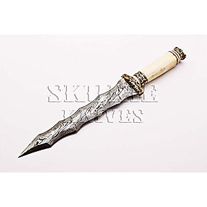 Skokie Knives HAND MADE DAMASCUS STEEL HUNTING DAGGER KNIFE WAVY BLADE WITH ORIGINAL CAMEL BONE